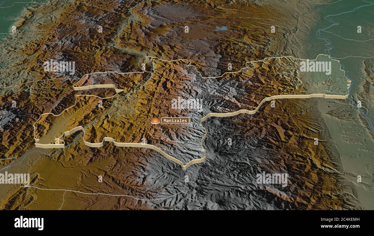 Zoom in on Caldas (department of Colombia) extruded. Oblique ...