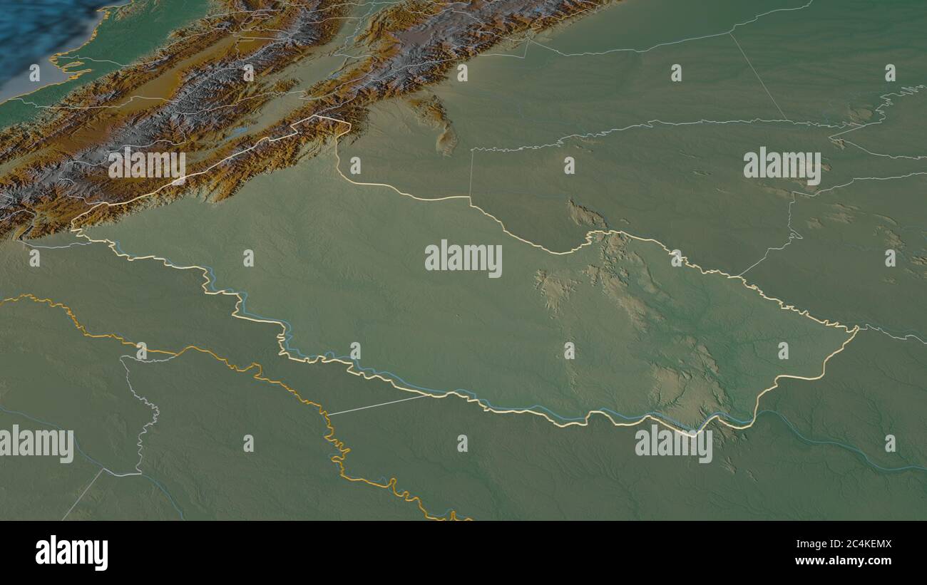 Zoom in on Caquetá (intendancy of Colombia) outlined. Oblique ...