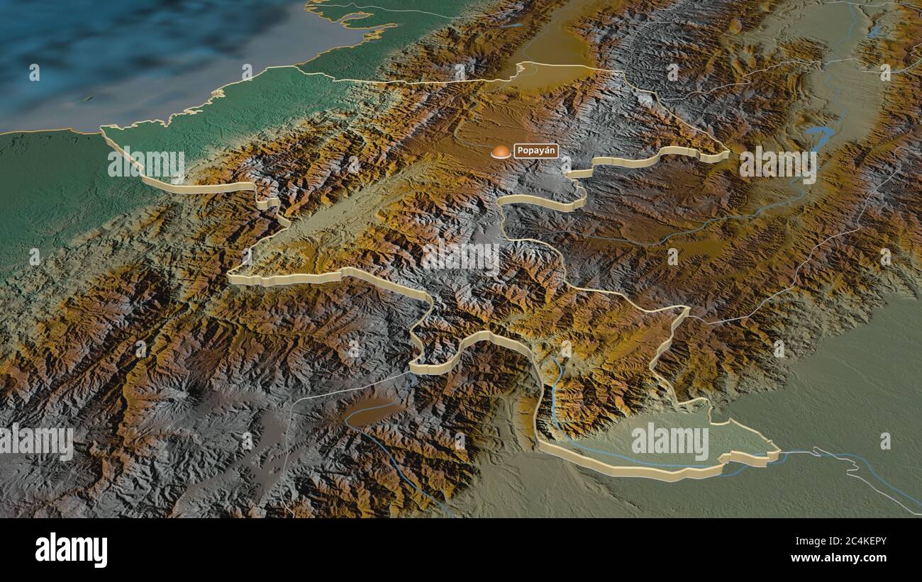 Zoom in on Cauca (department of Colombia) extruded. Oblique perspective. Topographic relief map ...