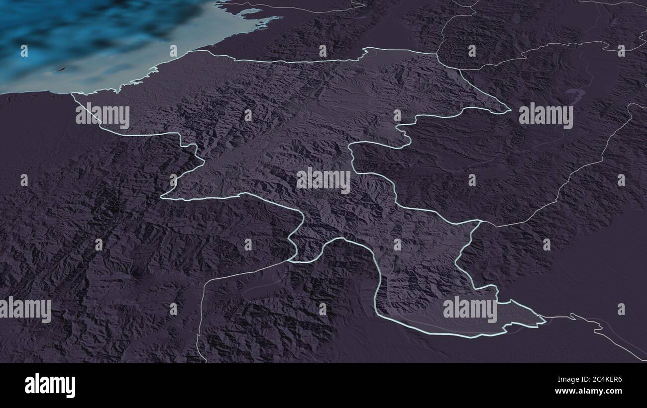 Zoom in on Cauca (department of Colombia) outlined. Oblique perspective ...
