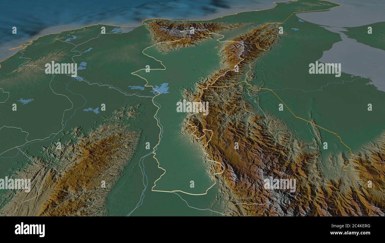 Zoom in on Cesar (department of Colombia) outlined. Oblique perspective ...