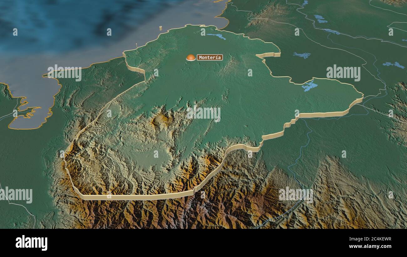 Zoom in on Córdoba (department of Colombia) extruded. Oblique ...