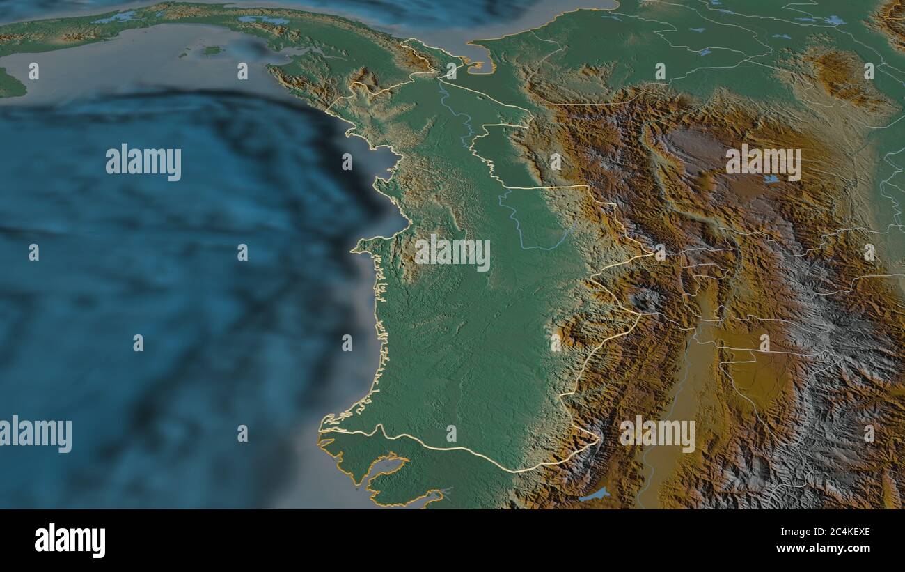 Zoom in on Chocó (department of Colombia) outlined. Oblique perspective ...