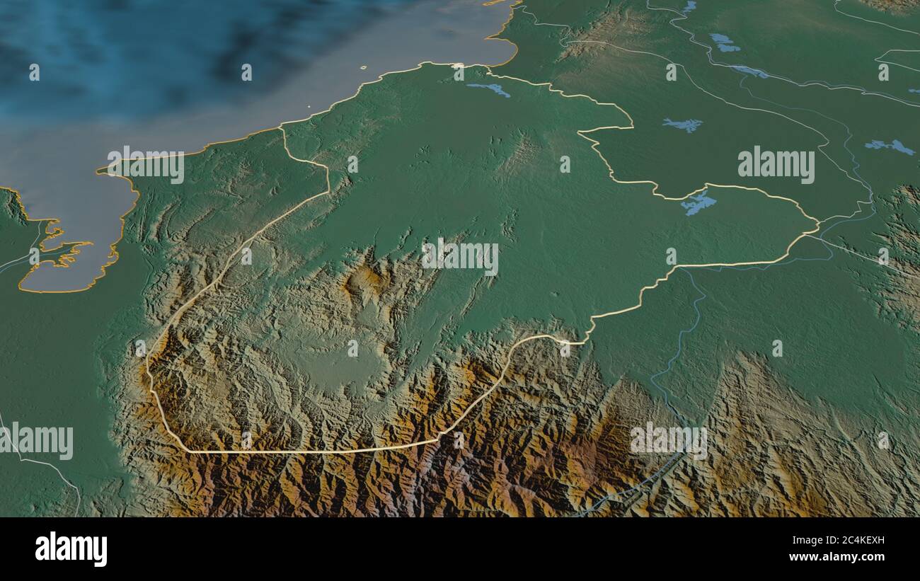 Zoom in on Córdoba (department of Colombia) outlined. Oblique ...