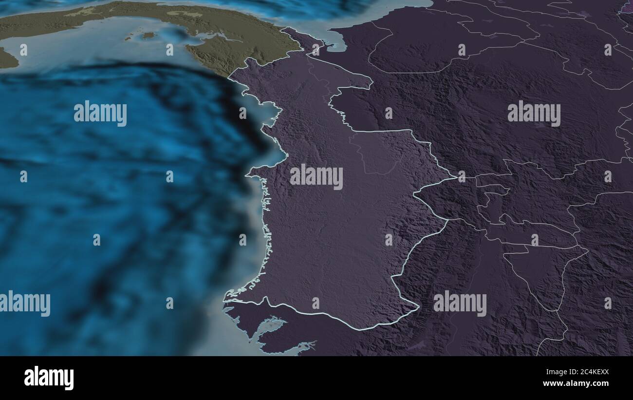 Zoom in on Chocó (department of Colombia) outlined. Oblique perspective ...
