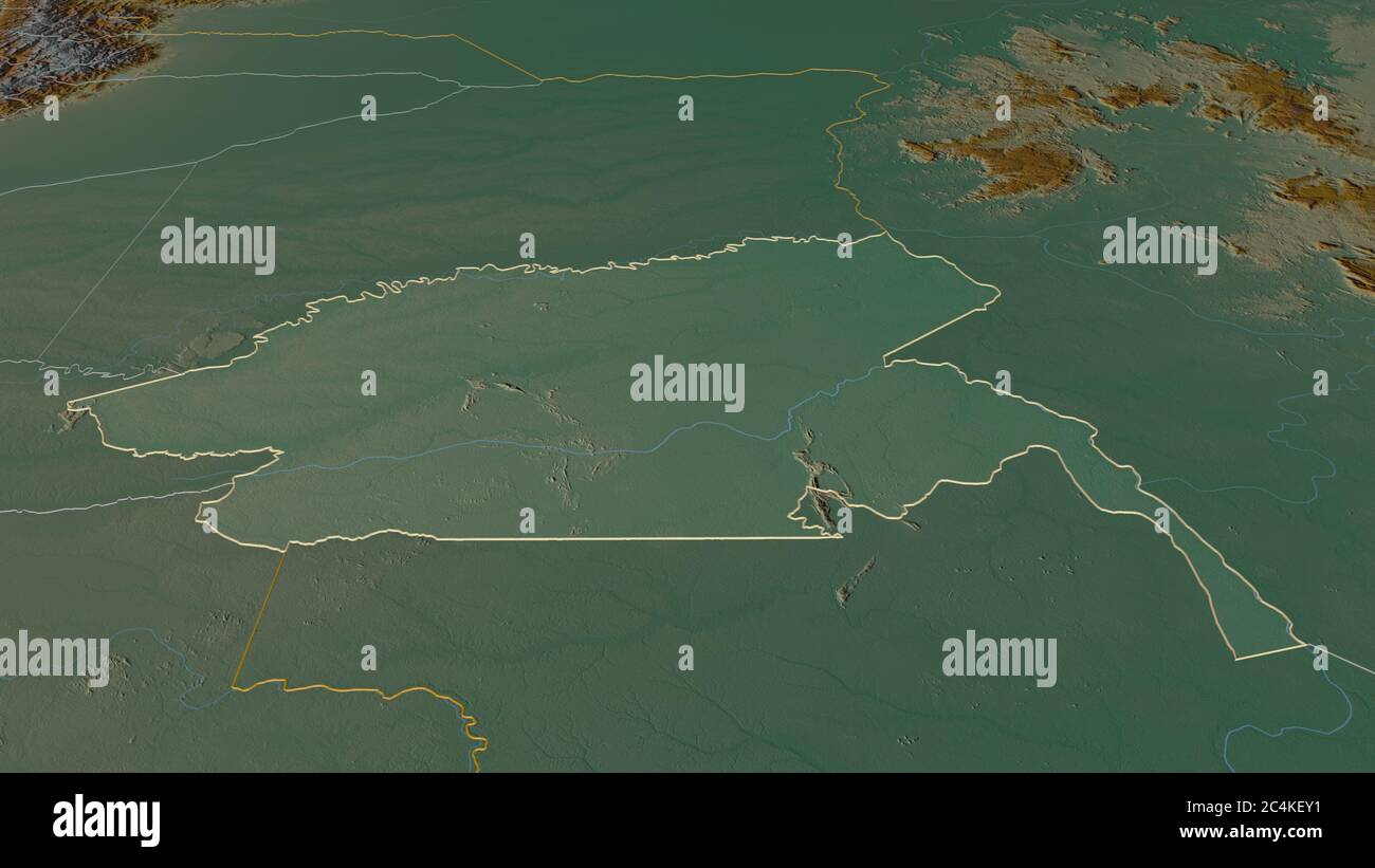 Zoom in on Guainía (commissiary of Colombia) outlined. Oblique ...
