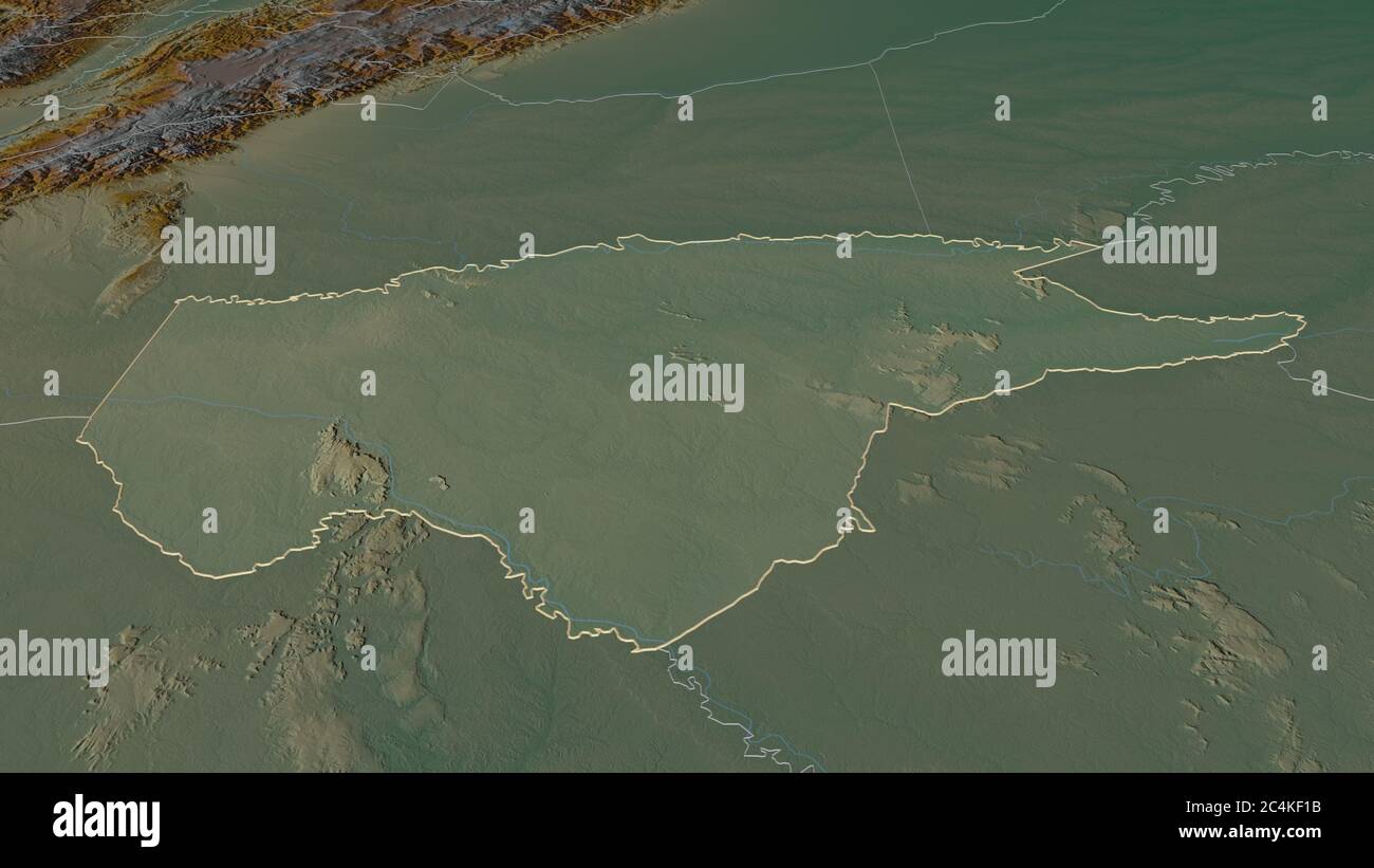 Zoom in on Guaviare (commissiary of Colombia) outlined. Oblique ...