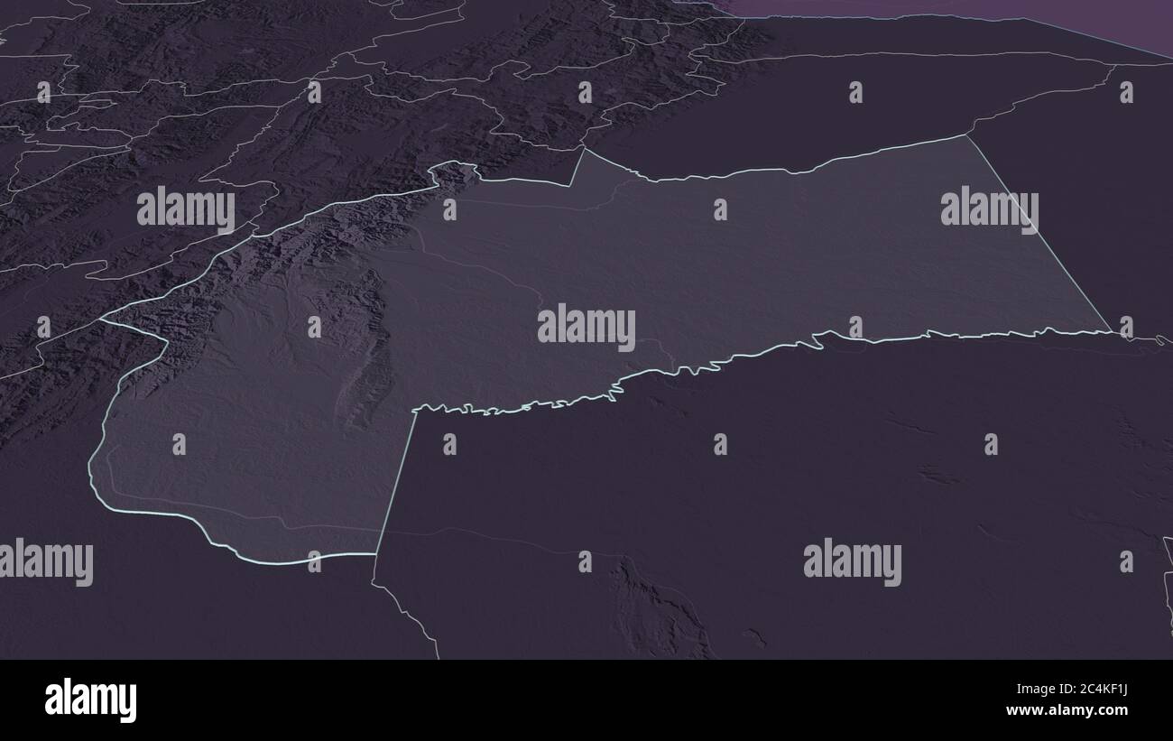 Zoom in on Meta (department of Colombia) outlined. Oblique perspective ...