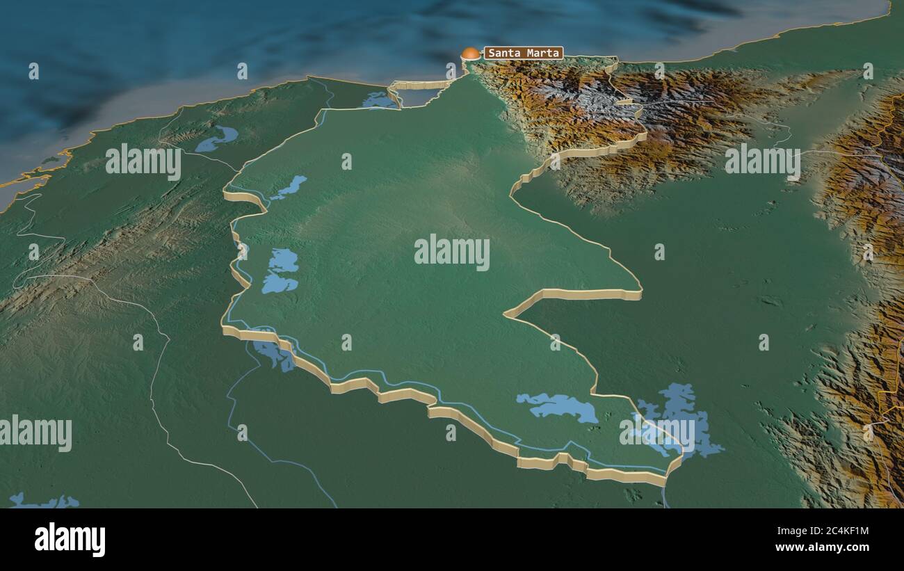 Zoom in on Magdalena (department of Colombia) extruded. Oblique ...