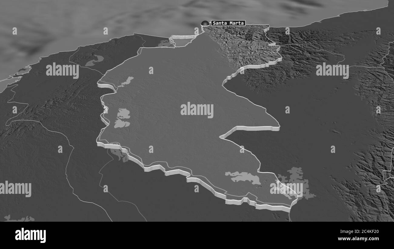 Zoom in on Magdalena (department of Colombia) extruded. Oblique ...