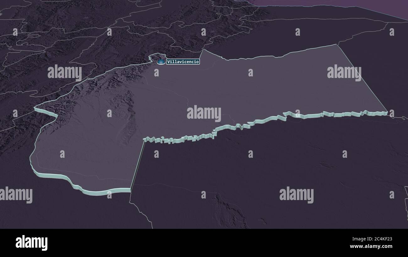 Zoom in on Meta (department of Colombia) extruded. Oblique perspective ...