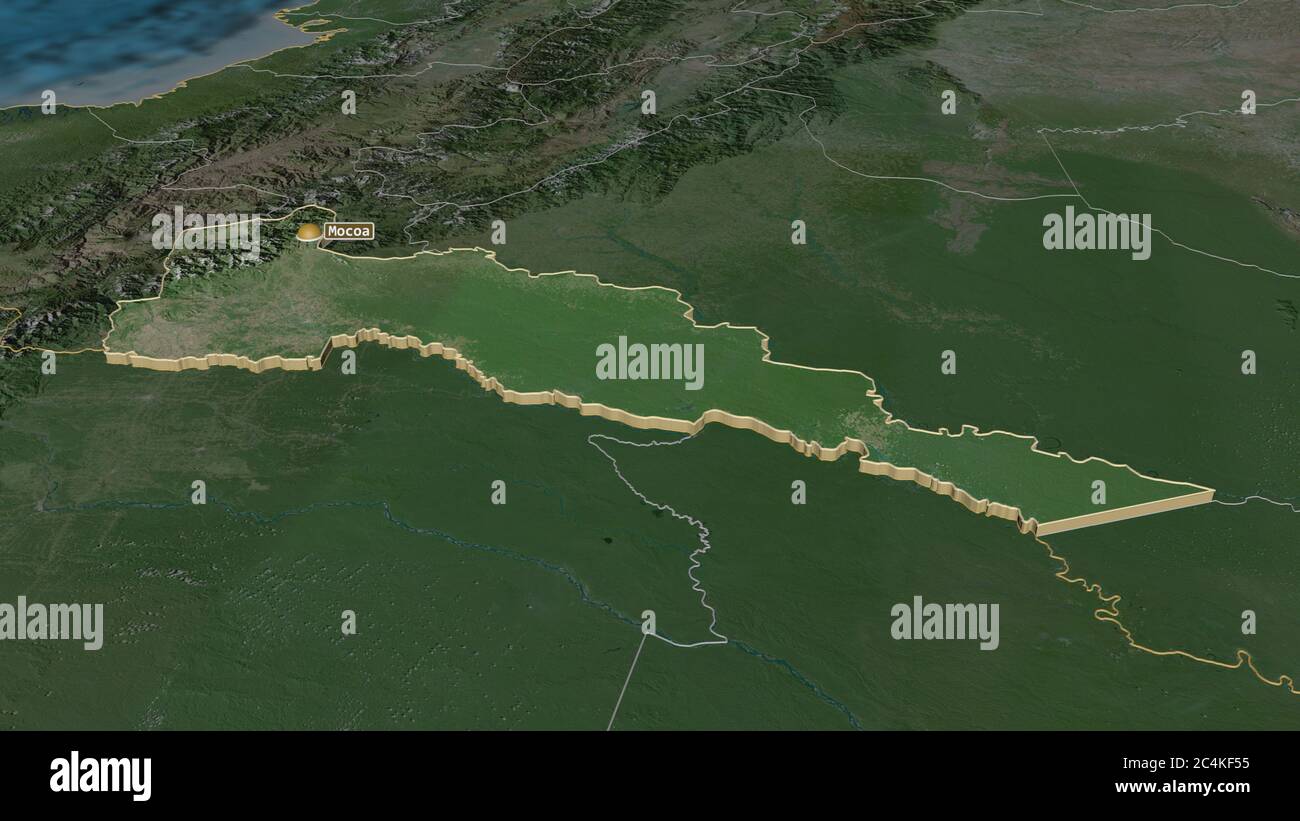 Zoom in on Putumayo (intendancy of Colombia) extruded. Oblique ...