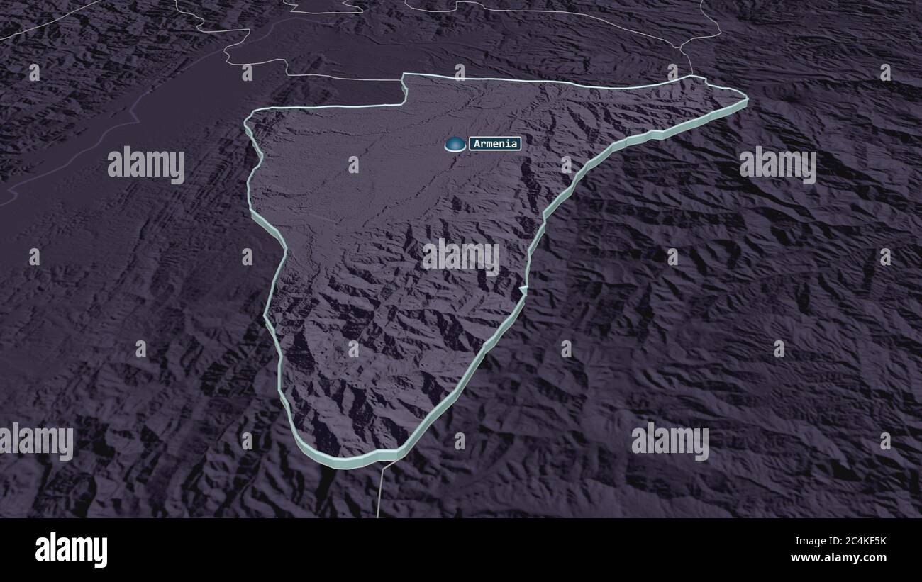 Zoom in on Quindío (department of Colombia) extruded. Oblique ...