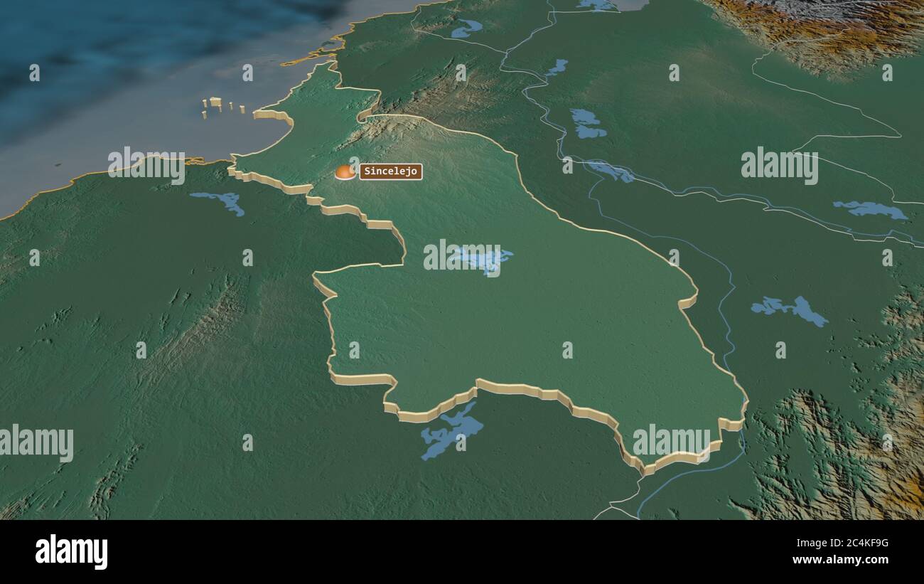 Zoom in on Sucre (department of Colombia) extruded. Oblique perspective ...