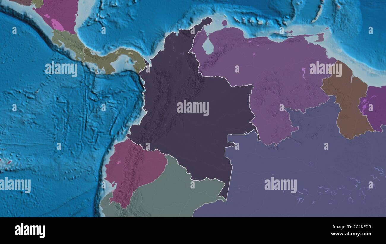 Outlined shape of the Colombia area. Colored and bumped map of the ...