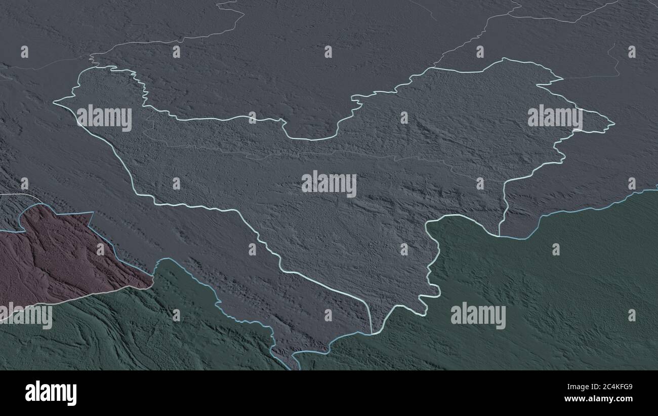 Zoom in on Bouenza (region of Republic of Congo) outlined. Oblique ...