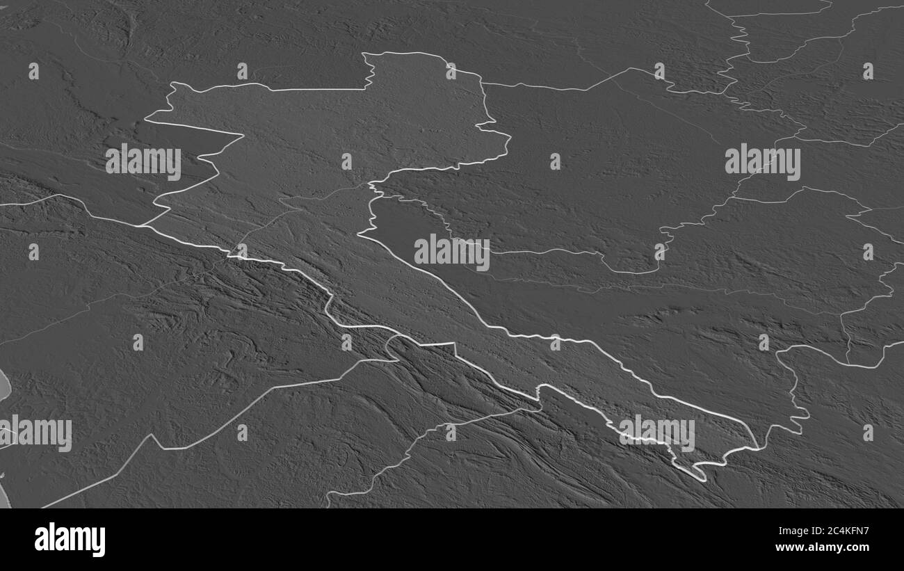 Zoom in on Niari (region of Republic of Congo) outlined. Oblique ...