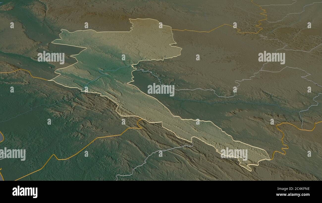 Zoom in on Niari (region of Republic of Congo) outlined. Oblique ...