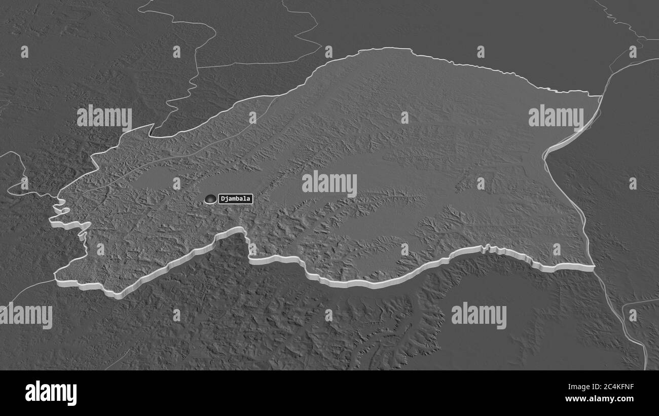 Zoom in on Plateaux (region of Republic of Congo) extruded. Oblique ...