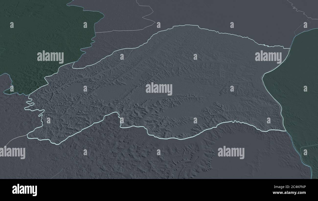 Zoom in on Plateaux (region of Republic of Congo) outlined. Oblique ...