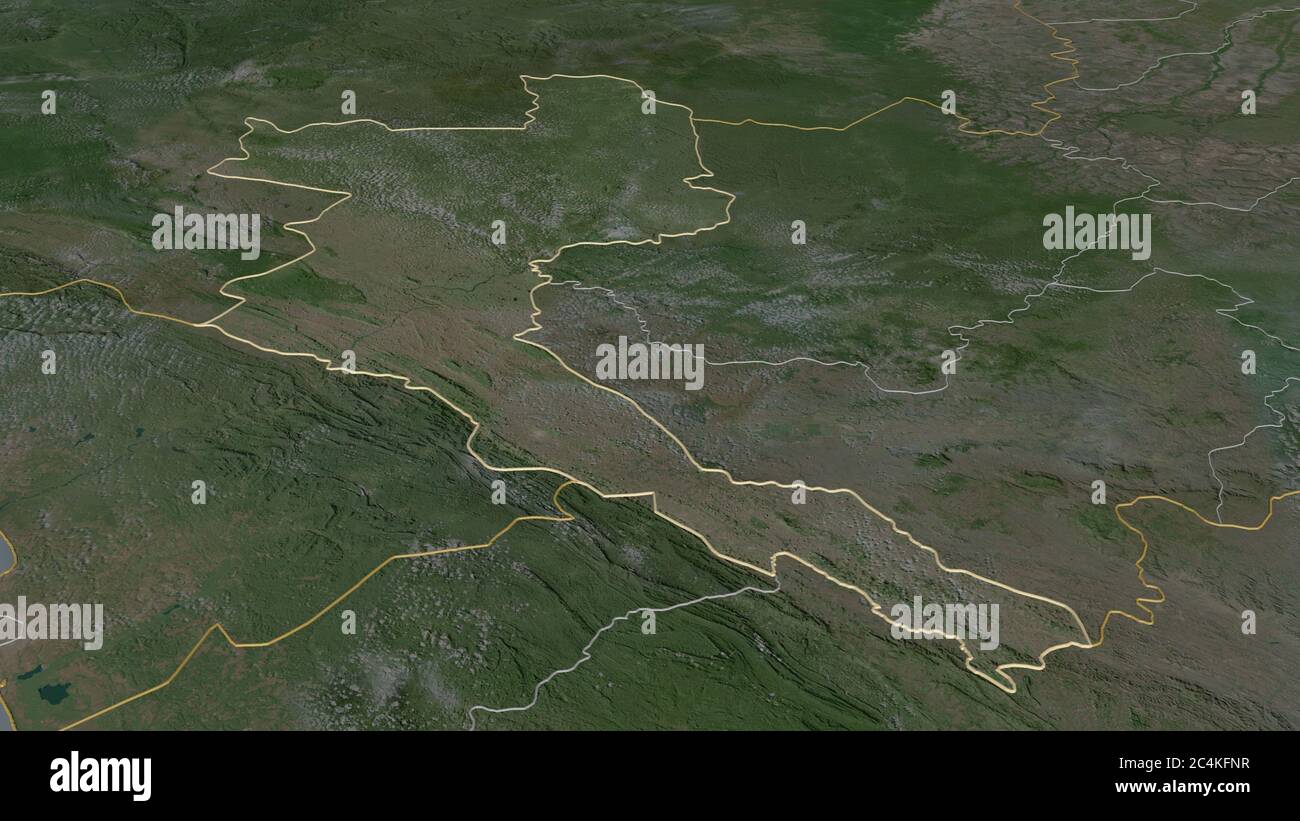 Zoom in on Niari (region of Republic of Congo) outlined. Oblique ...