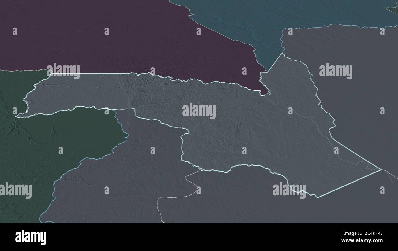 Zoom in on Sangha (region of Republic of Congo) outlined. Oblique ...