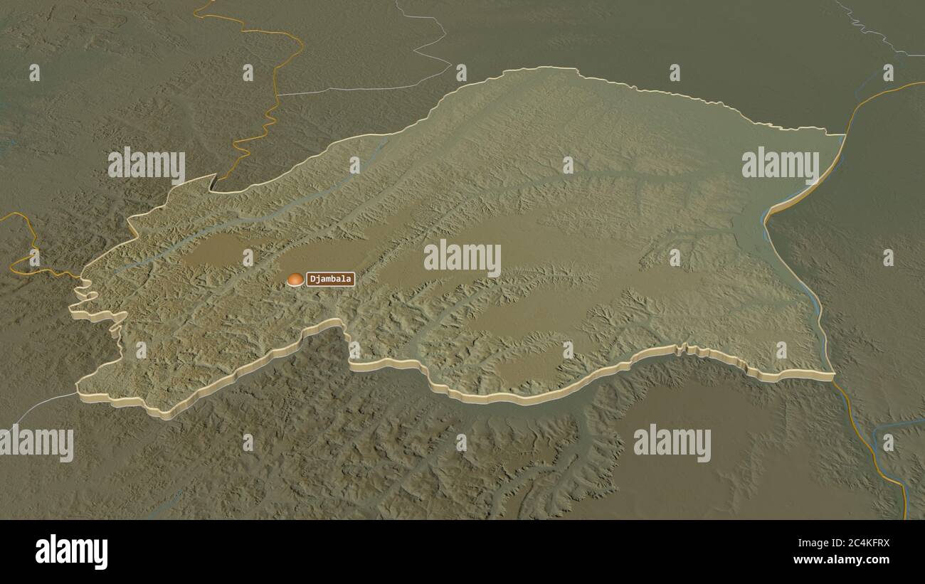 Zoom in on Plateaux (region of Republic of Congo) extruded. Oblique ...
