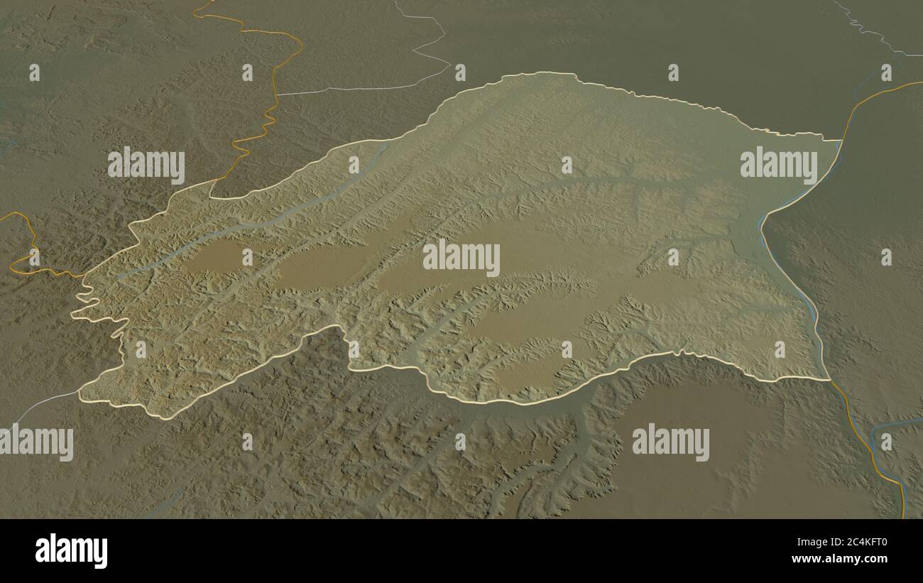 Zoom in on Plateaux (region of Republic of Congo) outlined. Oblique ...