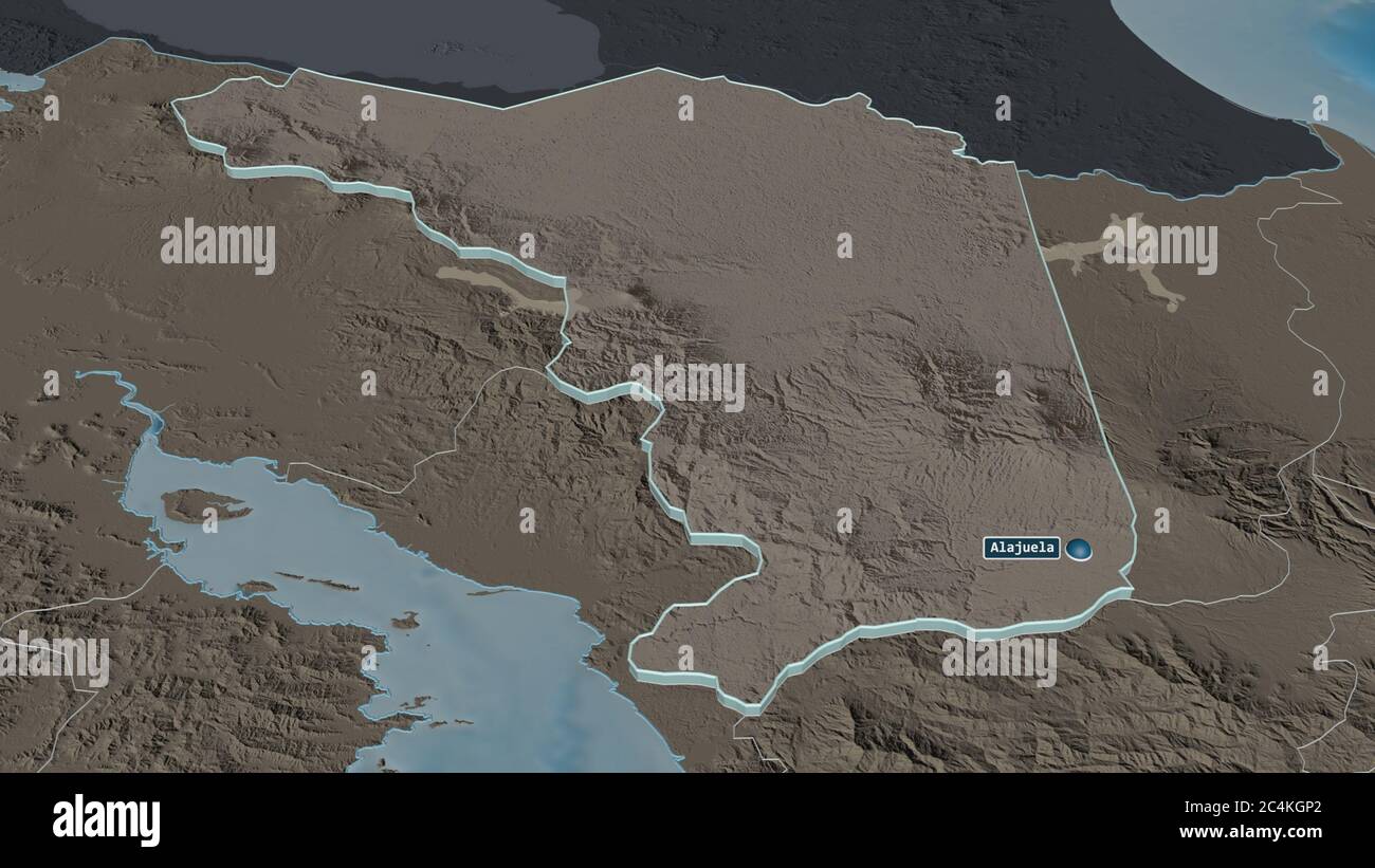 Zoom in on Alajuela (province of Costa Rica) extruded. Oblique ...