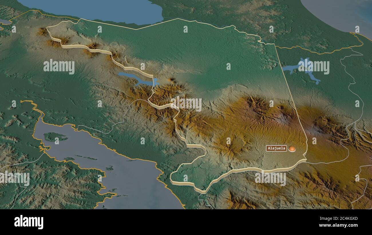 Zoom in on Alajuela (province of Costa Rica) extruded. Oblique ...