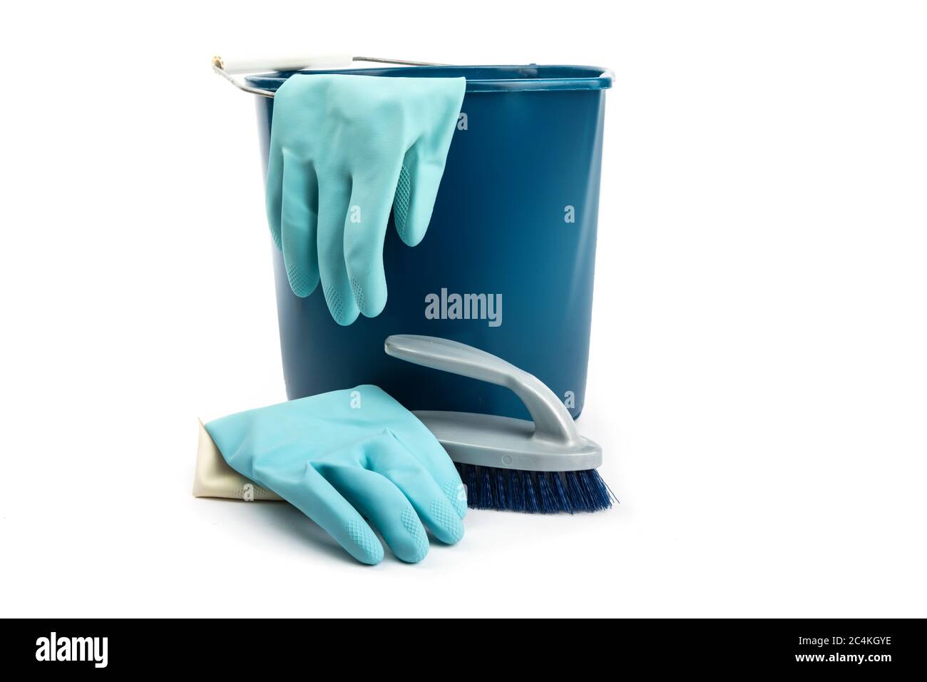 a blue cleaning bucket and rubber gloves isolated on white Stock Photo ...