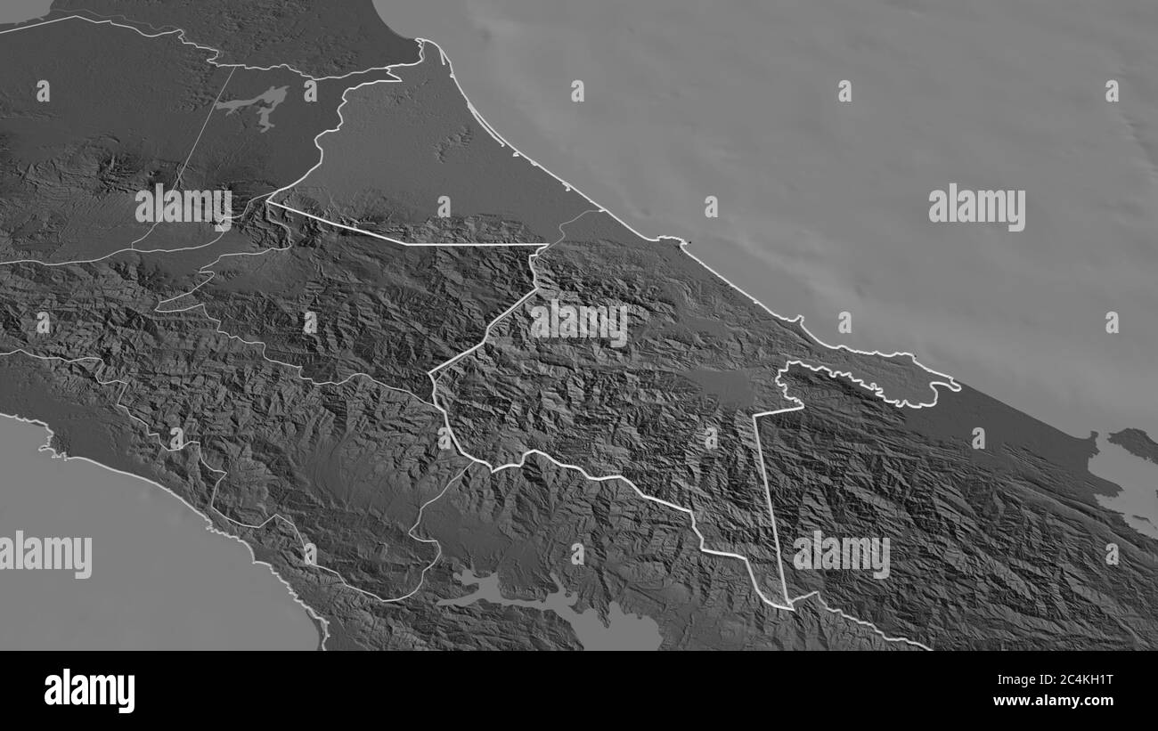 Zoom in on Limón (province of Costa Rica) outlined. Oblique perspective ...