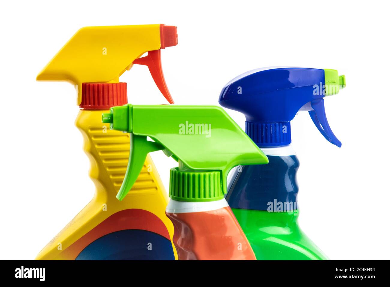 a variety of colorful disinfectant spray bottle sprayers isolated on ...