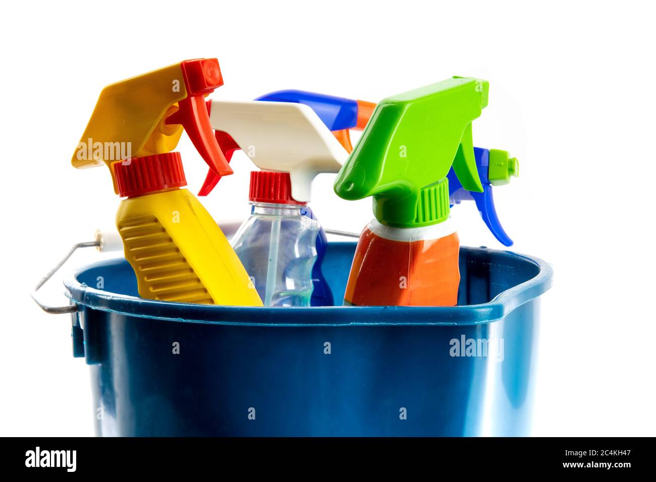 a variety of colorful disinfectant spray bottle sprayers isolated on ...