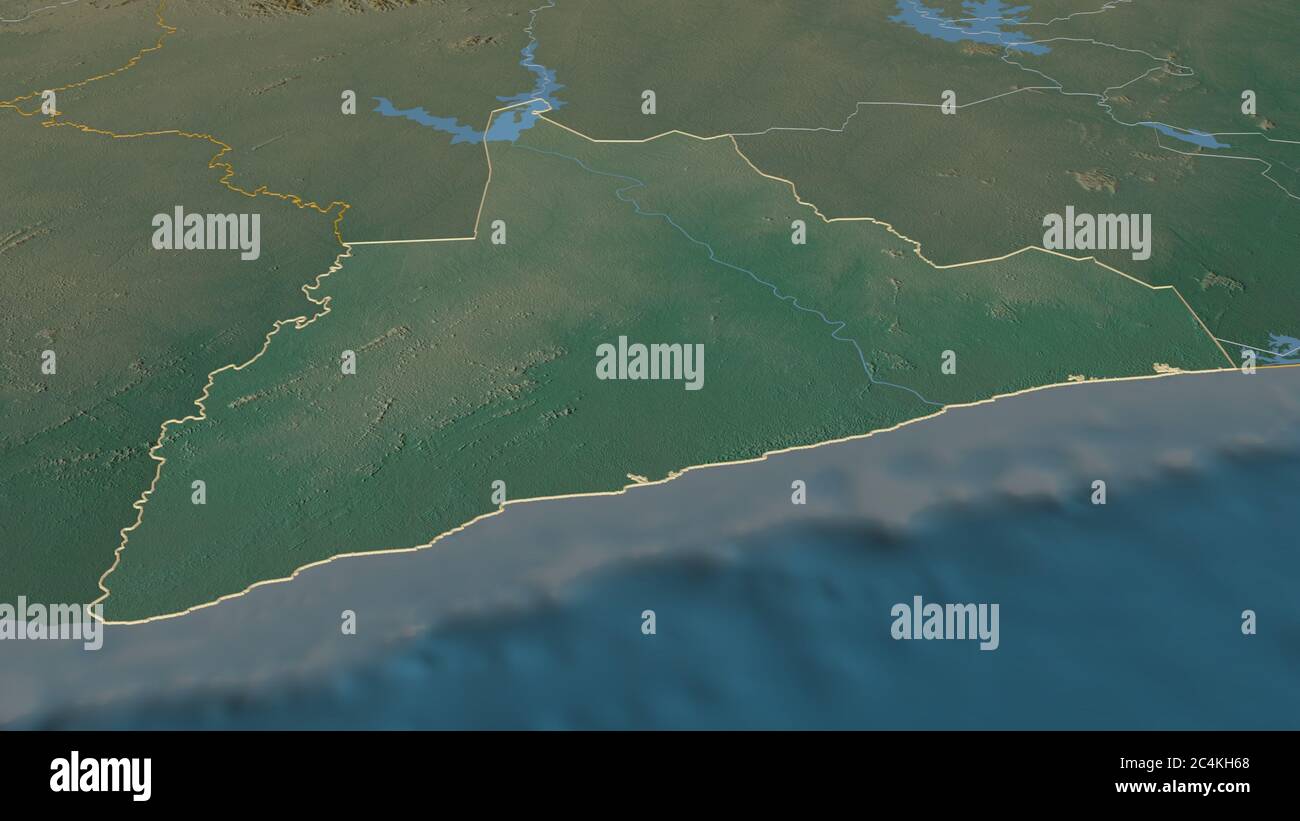 Zoom in on Bas-Sassandra (district of Côte d'Ivoire) outlined. Oblique ...
