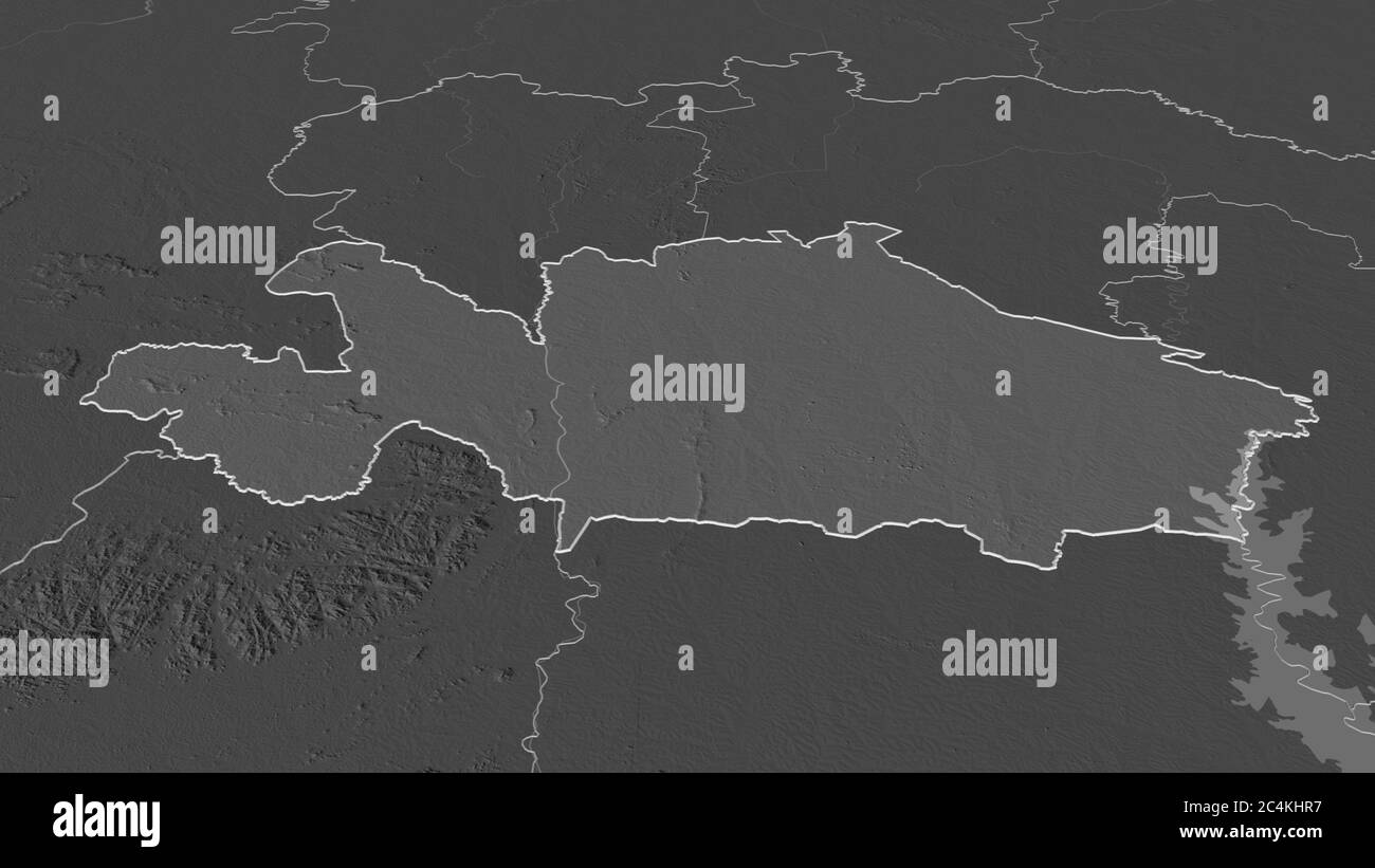 Zoom in on Woroba (district of Côte d'Ivoire) outlined. Oblique ...