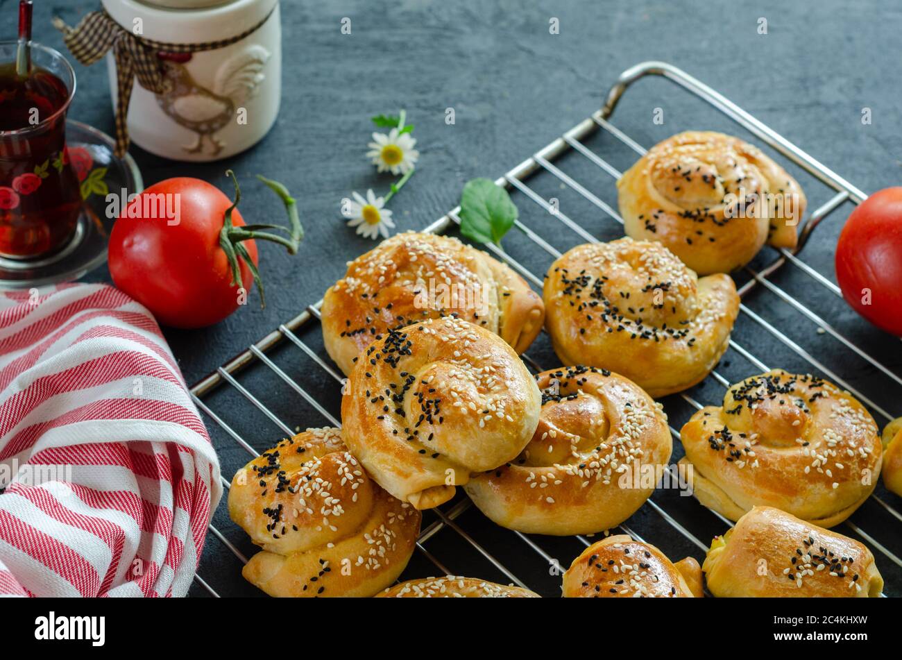 Turkish borek on the black table,top view Stock Photo - Alamy