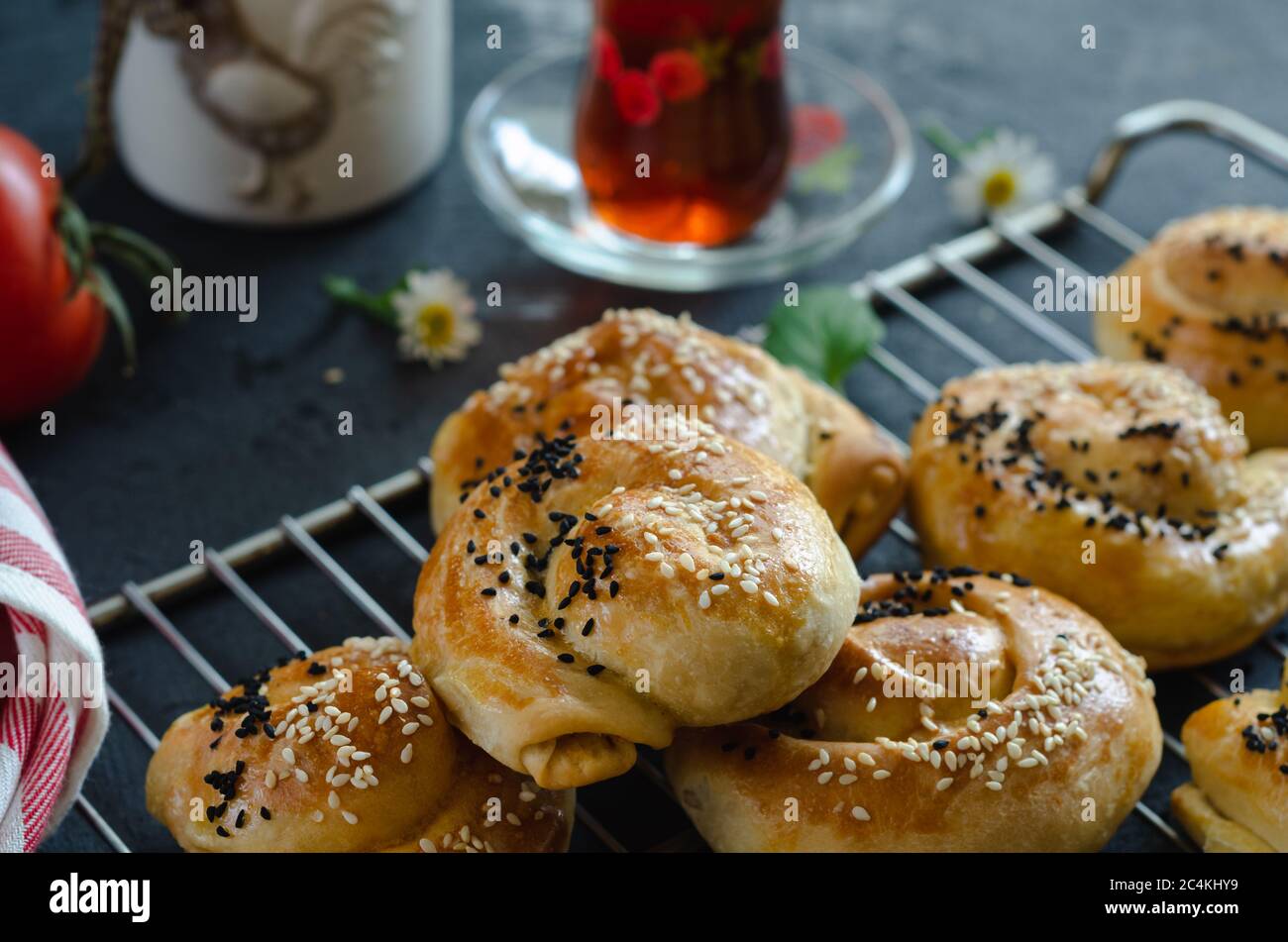 Turkish borek on the black table,top view Stock Photo - Alamy