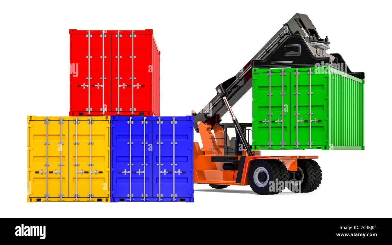 Cargo containers with reach stacker, 3D rendering isolated on white ...