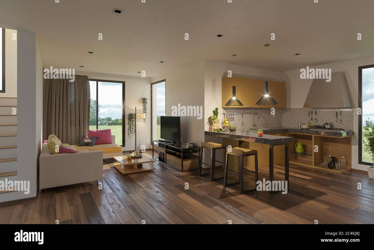 Open Concept Kitchen and Lounge Stock Photo - Alamy