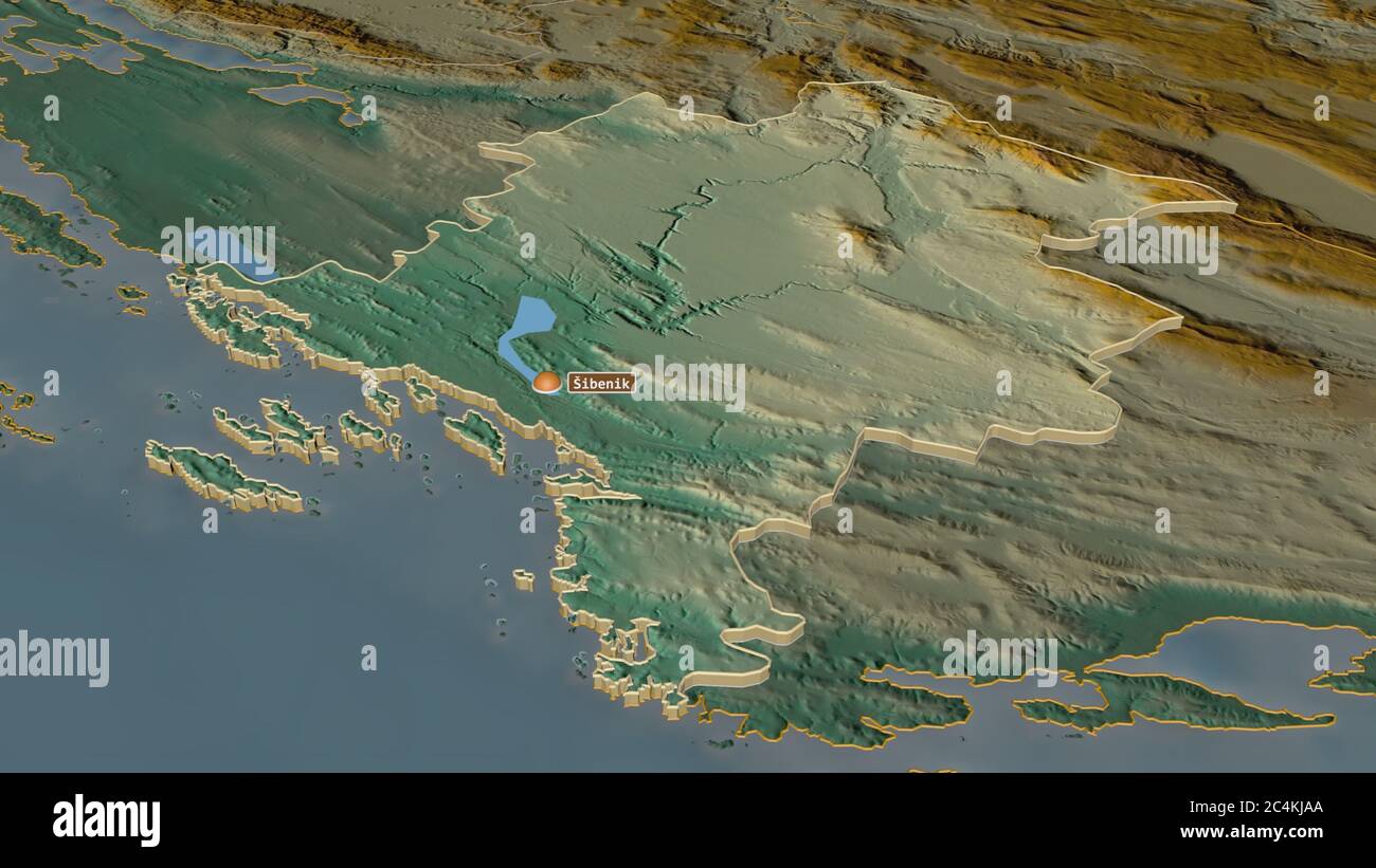 Zoom in on Šibensko-Kninska (county of Croatia) extruded. Oblique ...