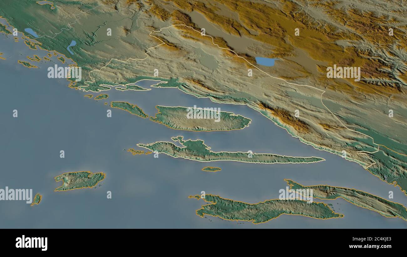 Zoom in on Splitsko-Dalmatinska (county of Croatia) outlined. Oblique ...