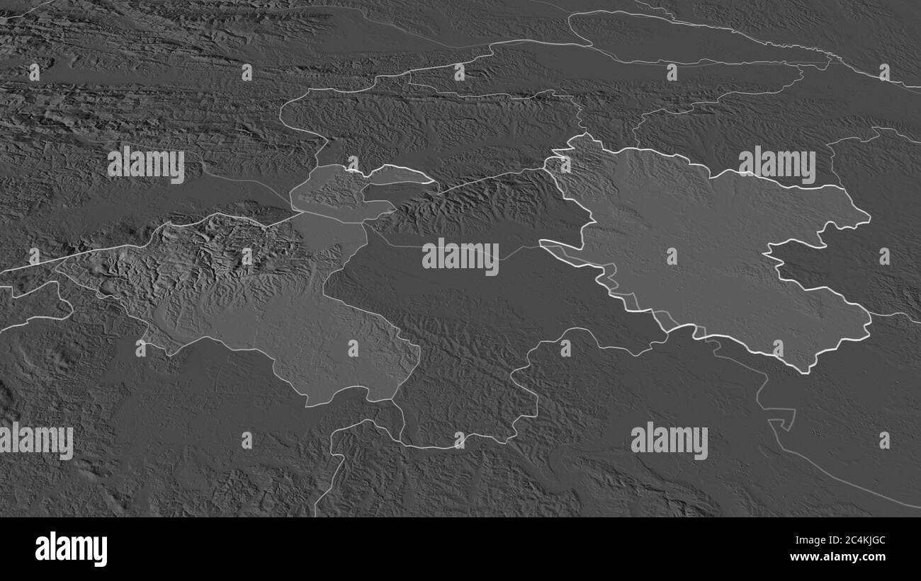 Zoom in on Zagrebačka (county of Croatia) outlined. Oblique perspective ...
