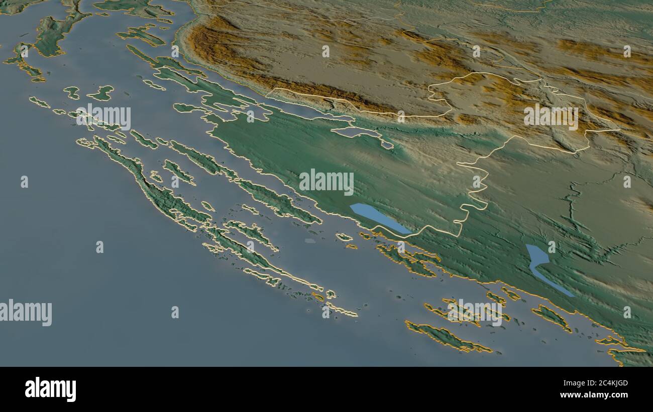 Zoom in on Zadarska (county of Croatia) outlined. Oblique perspective ...