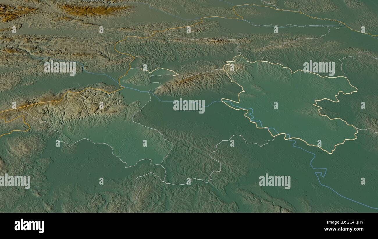 Zoom in on Zagrebačka (county of Croatia) outlined. Oblique perspective ...