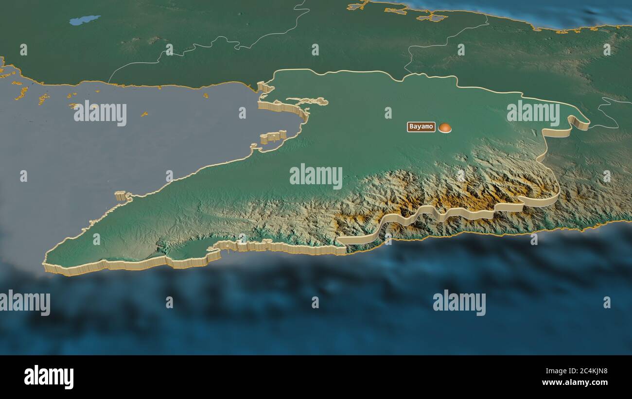 Zoom in on Granma (province of Cuba) extruded. Oblique perspective ...