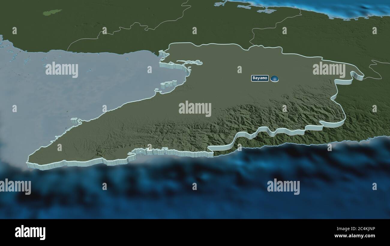 Zoom in on Granma (province of Cuba) extruded. Oblique perspective ...