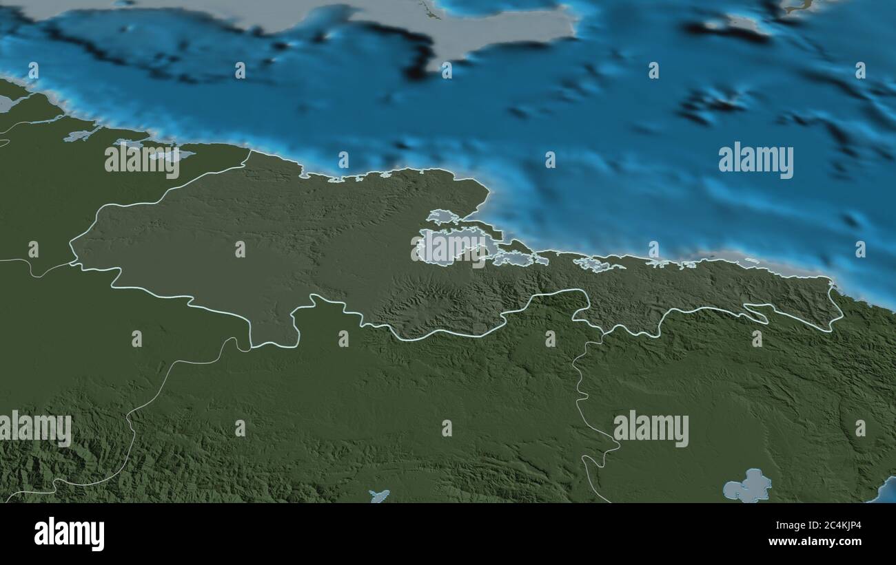 Zoom in on Holguín (province of Cuba) outlined. Oblique perspective ...