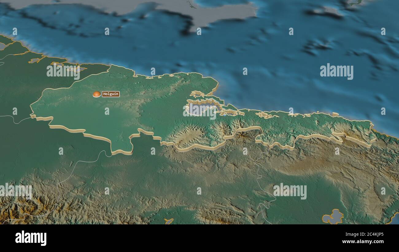 Zoom in on Holguín (province of Cuba) extruded. Oblique perspective ...