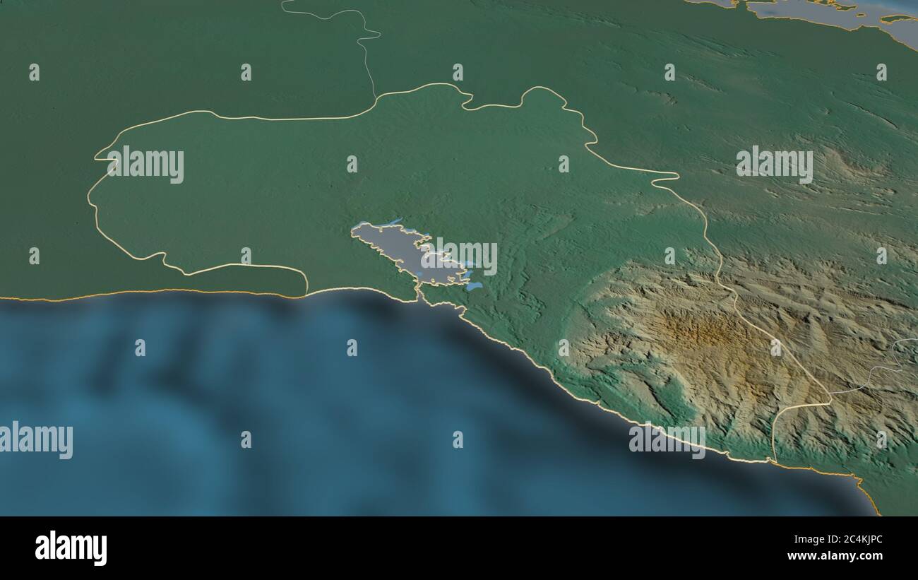 Zoom in on Cienfuegos (province of Cuba) outlined. Oblique perspective ...